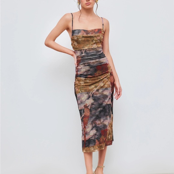 Cider | Dresses | Cider Mesh Cowl Neck Floral Ruched Cami Maxi Dress ...